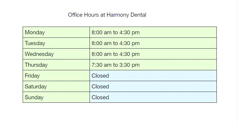 Office hours at Eugene dentist Harmony Dental | Dentagama